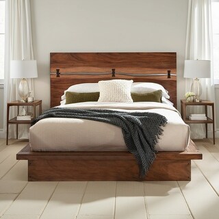 Zeko Queen Size Platform Plinth Bed with Natural Edge, Walnut Brown ...