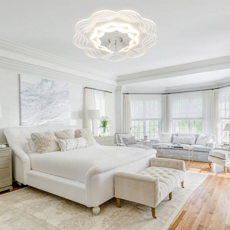 20" Modern White Flush Mount Ceiling Fan with Remote Control and APP ...