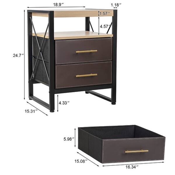 Gold Metal Frame Nightstand with 2 Drawers - Removable Fabric Bins ...