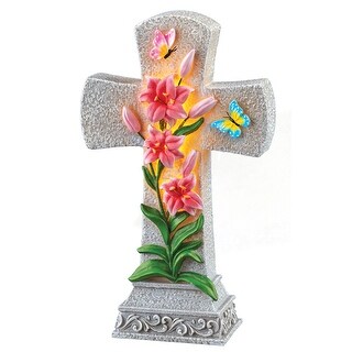 Solar Powered Memorial Cross with Lilies Garden Statue - 7 x 12.25 x 3. ...