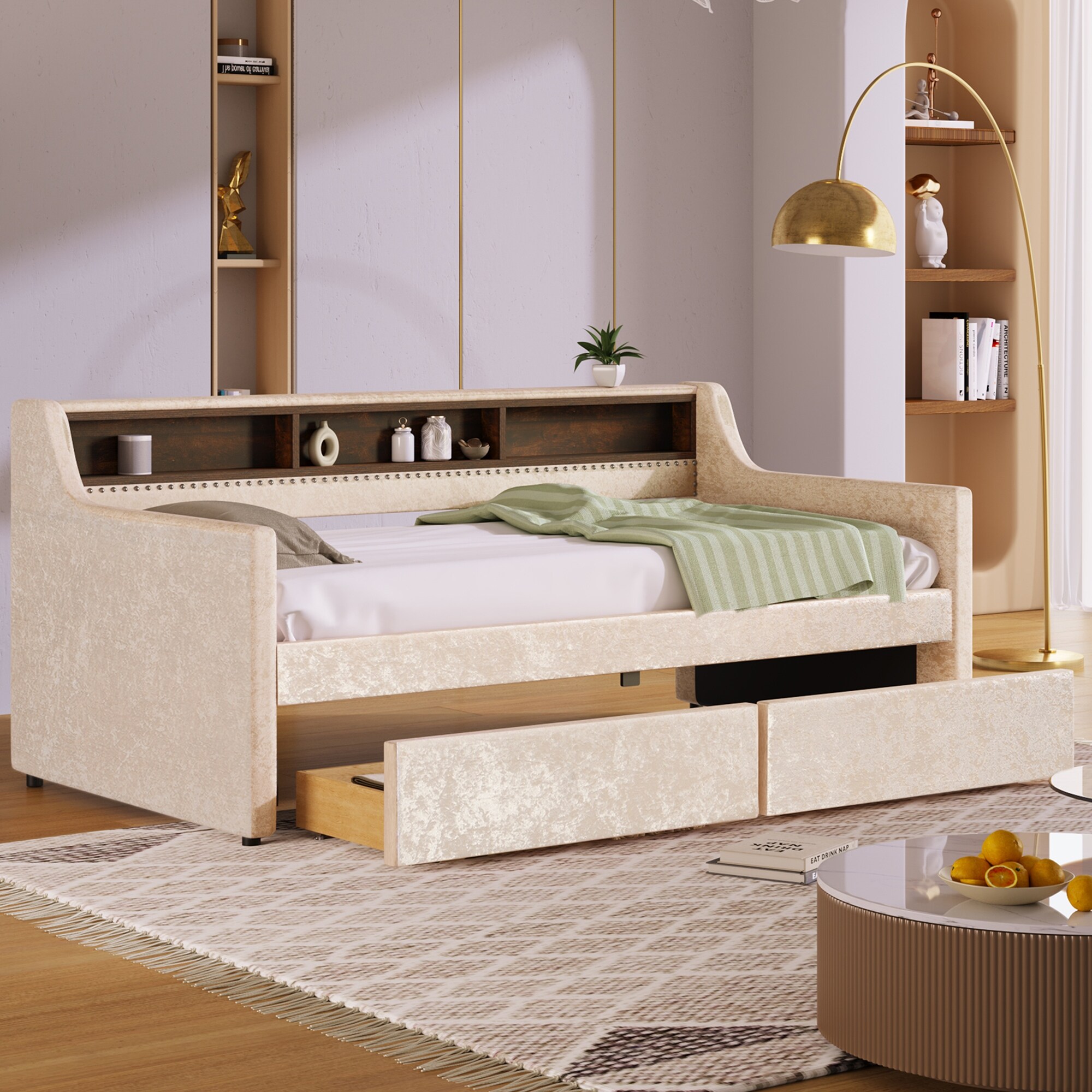 Velvet Daybed with Two Storage Drawers and Built-in Storage Shelves ...