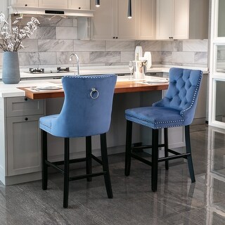 Blue Velvet Bar Stool Upholstered Bar Chairs Solid Wood Legs, Set of 2 ...