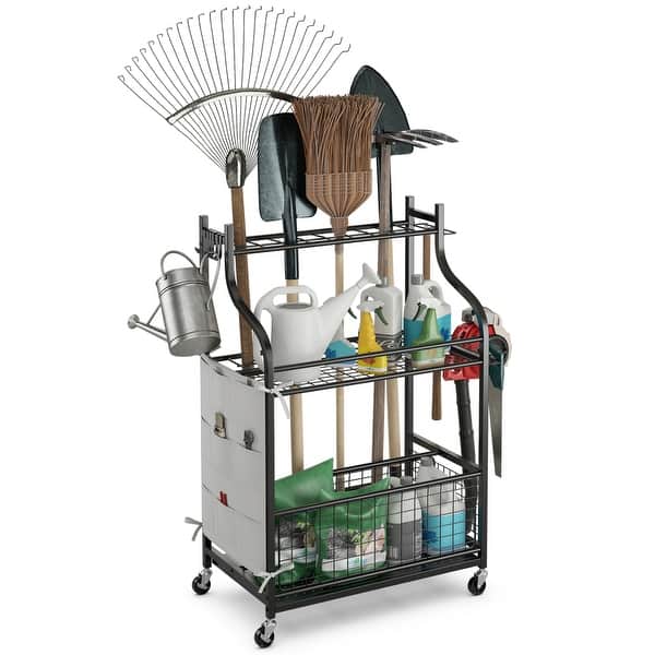 Garden Tool Organizer Cart Yard Tool Storage Racks with Wheels - Bed ...