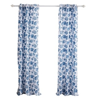 84 Inch Window Curtains, Blue Seashells Print, Microfiber, Rod Pockets ...