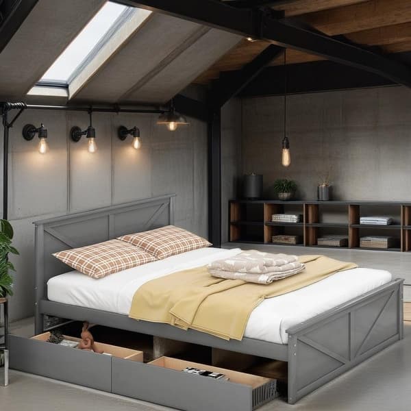 Queen Size Wooden Platform Bed with Four Storage Drawers and Support ...