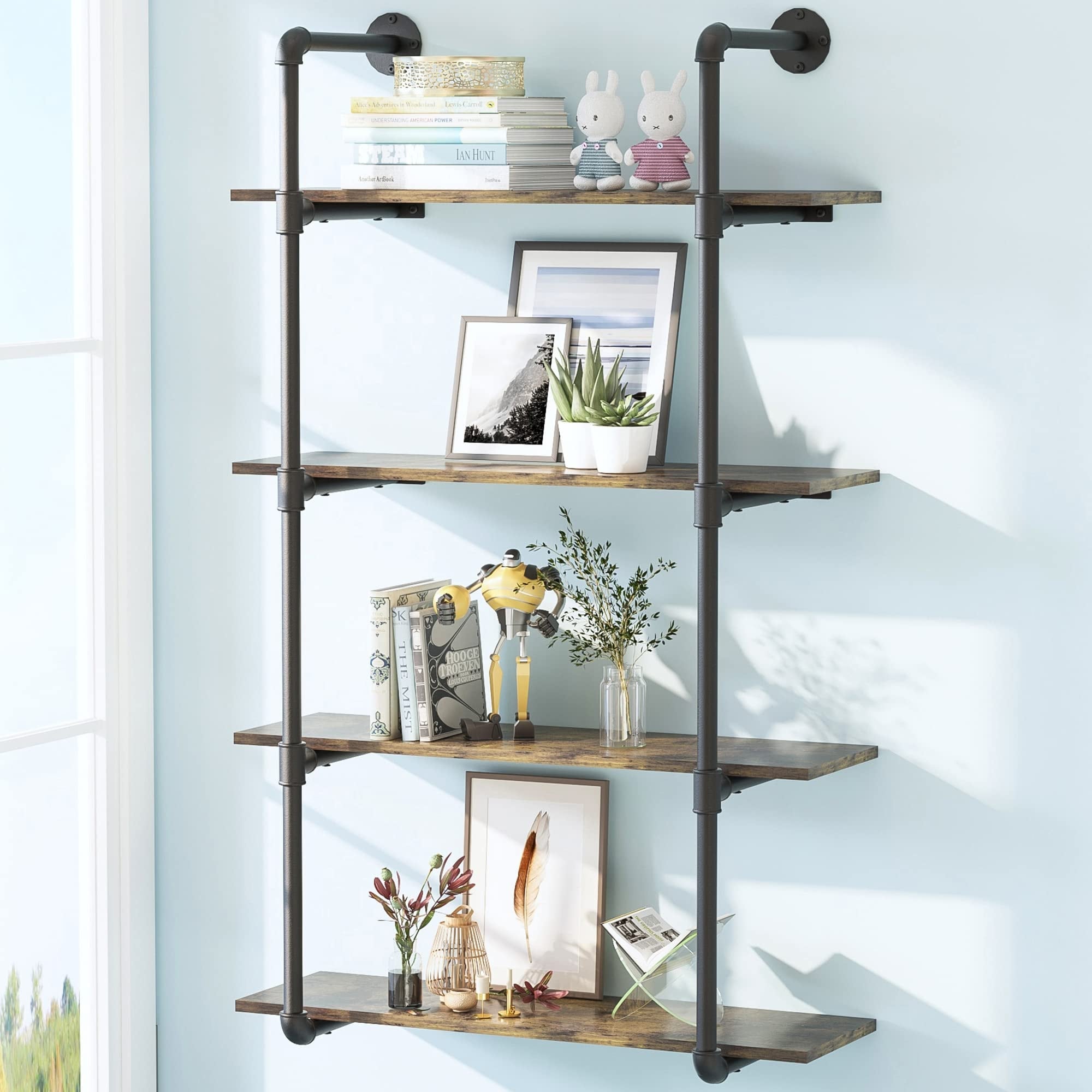 Iron pipe wall mount ladder bookcase store