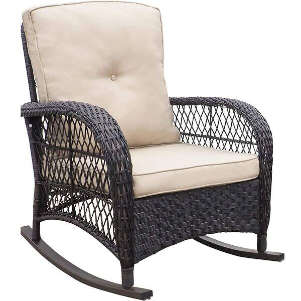Outdoor Patio Rattan Rocker Chair with Soft Khaki Cushions - Bed Bath ...