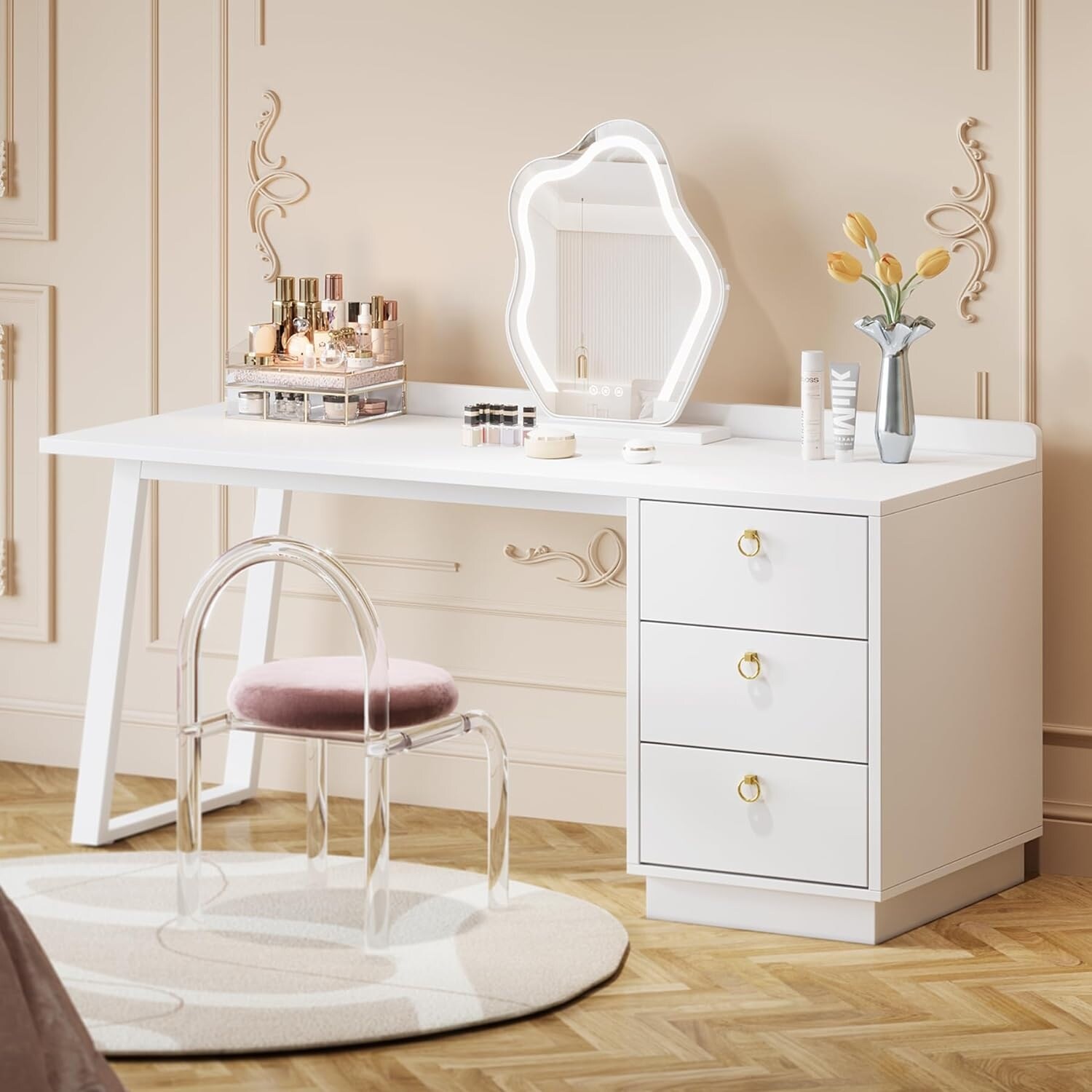 55 Inches Vanity Desk with 3 Drawers No Mirror White Moder Makeup Vanity Desk On Sale Bed Bath Beyond 40433968