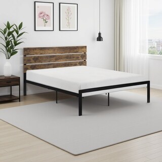 Mars Full Platform Bed, Brown Faux Wood Slat Headboard, Black Metal ...