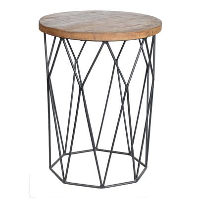 Round Mango Wood End Table with Iron Geometric Base, Black and Brown ...