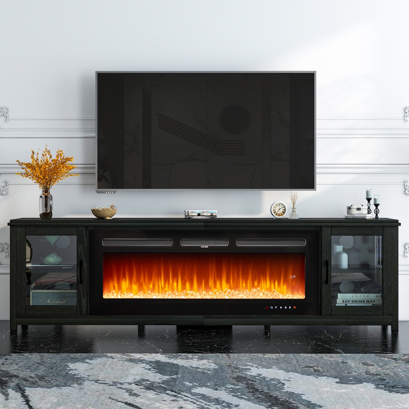 80 Fireplace TV Stand Entertainment Center with 50 Electric Fireplace Black