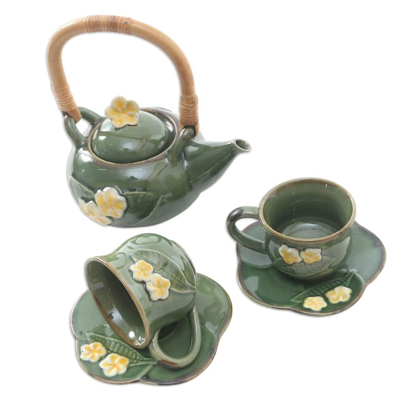 Novica Handmade Forest Frangipani Ceramic Tea Set For Two (5 Pcs ...
