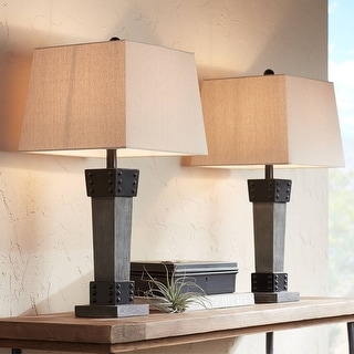 Set of 2 Farmhouse Table Lamps LED Gray Wood Dark Metal - 13" x 26 ...