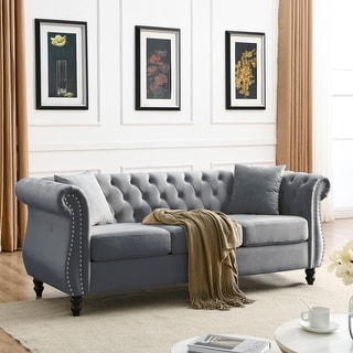 Linen Fabric Chesterfield Sofa, Tufted Couch with Nailhead Arms - 88.5 ...