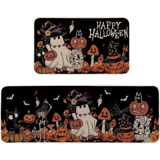 Set of 2 Halloween Pumpkin Decorative Kitchen Rugs - 17x29&17x47 Inch ...