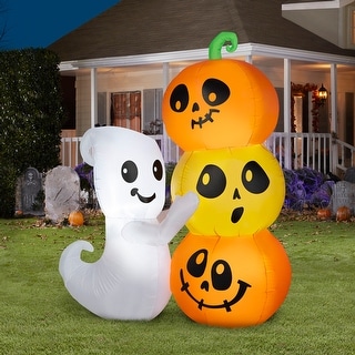Gemmy Airblown Inflatable Ghost w/Pumpkin Stack Scene, 5 ft Tall - Bed ...