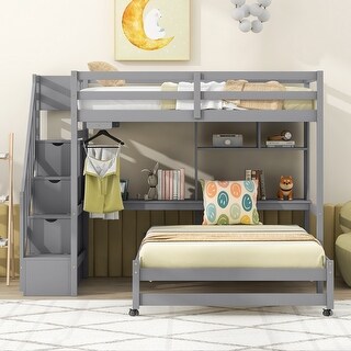 Twin Over Full Bunk Bed with Storage Staircase, Desk, Shelves and ...