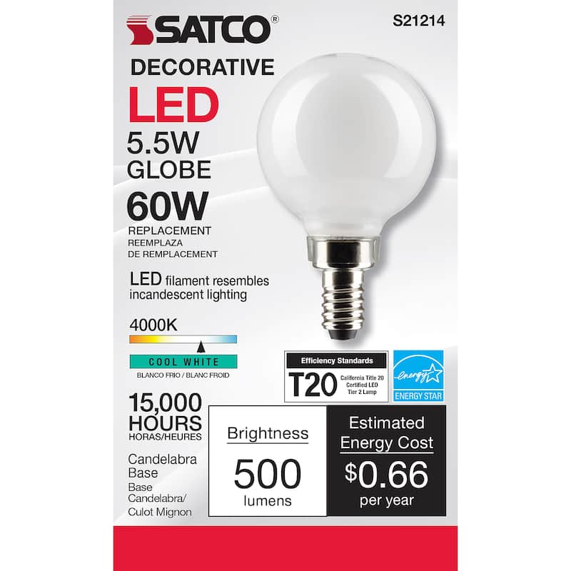 5.5 Watt G16.5 LED - White - Candelabra base - 90 CRI - 4000K - 120 ...