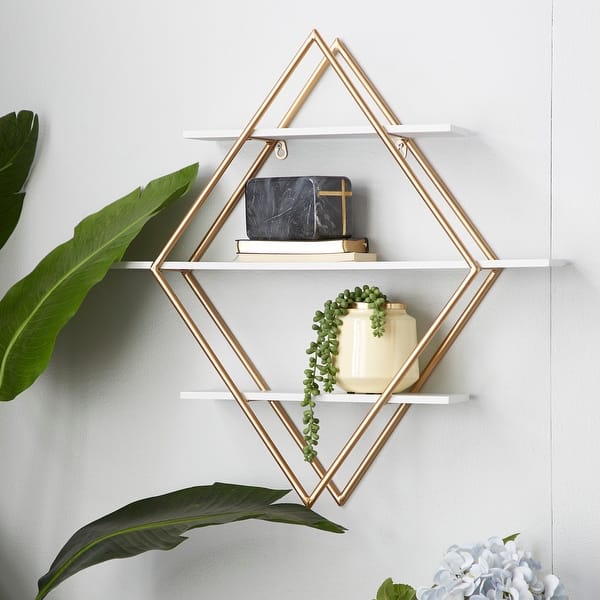 Gold Wooden 3 Shelves Geometric Room Wall Shelf with Diamond Shape ...