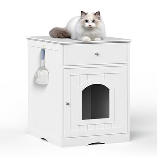 Wooden Pet House Cat Litter Box Enclosure with Drawer, Side Table ...