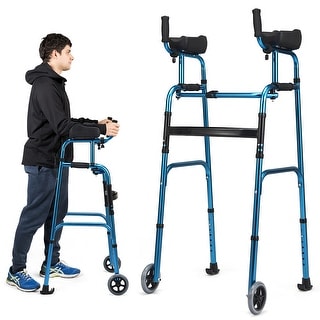 Costway Folding Wheel Walking Frame Adjustable Alloy Walker W/Armrest ...