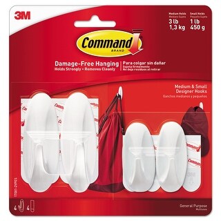General Purpose Designer Hooks, White, 4 Hooks and 4 Strips/Pack ...