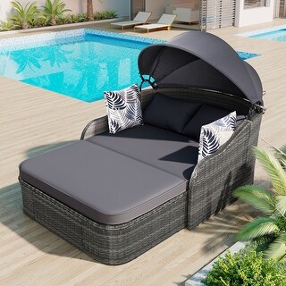 Outdoor PE Rattan Daybed Sunbed w/Adjustable Canopy, Double lounge ...