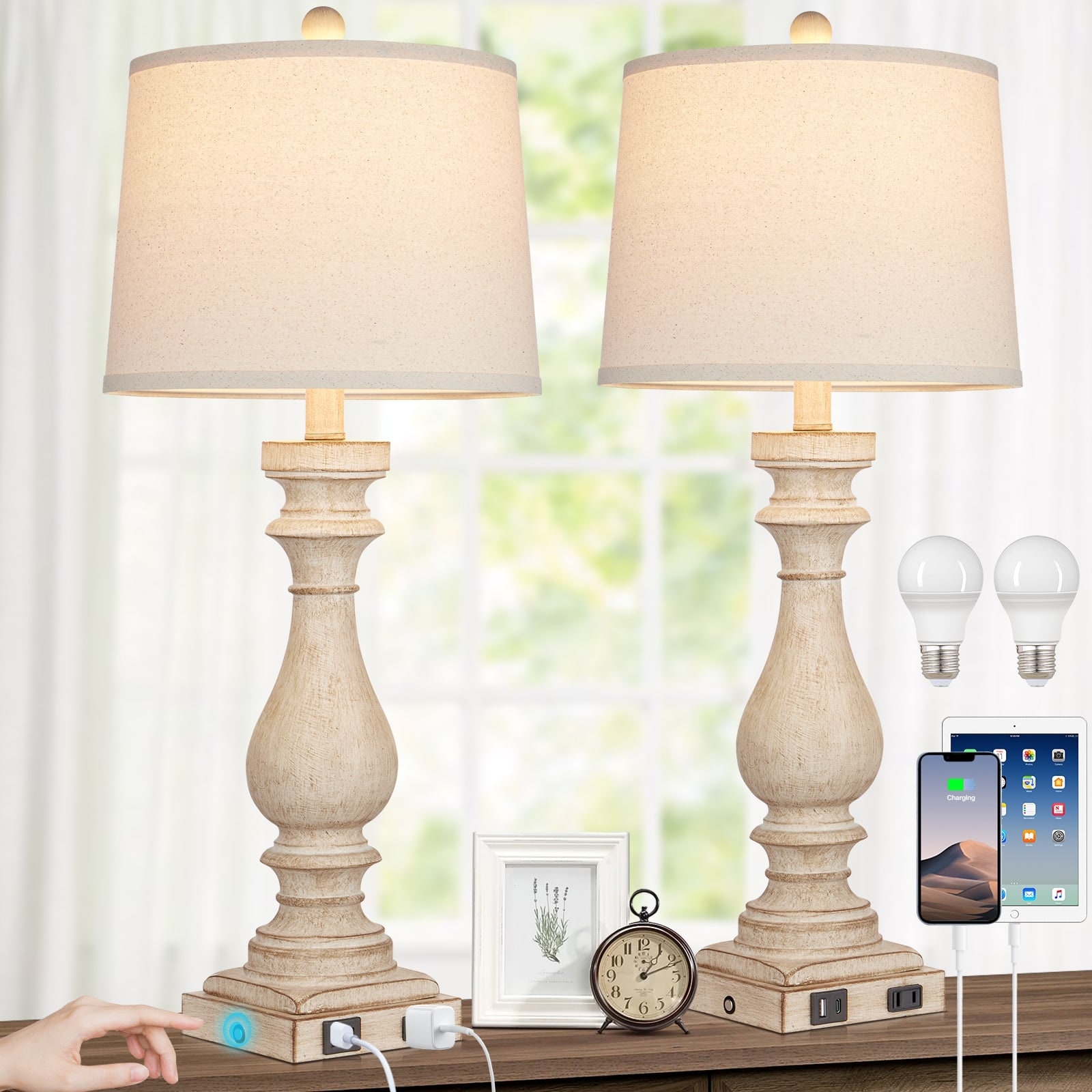 Table Lamps Beige Resin USB and Type-C Ports 3-Way Touch Switch(Set of ...