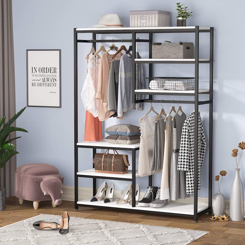 Freestanding Closet Organizer Garment Rack with Hanging Rod and Storage ...