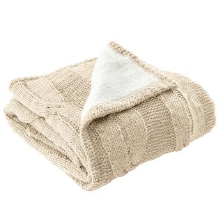 Lois 50 x 60 Throw Blanket Cable Knit and Sherpa, Acrylic, Cream, White ...