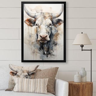 Designart "Handsome Beige Cattle Portrait I" Cattle Framed Canvas Wall ...