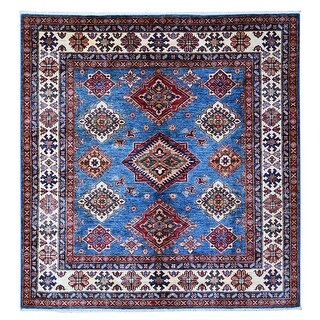 Shahbanu Rugs Intel Blue Afghan Super Kazak Velvety Wool Hand Knotted ...