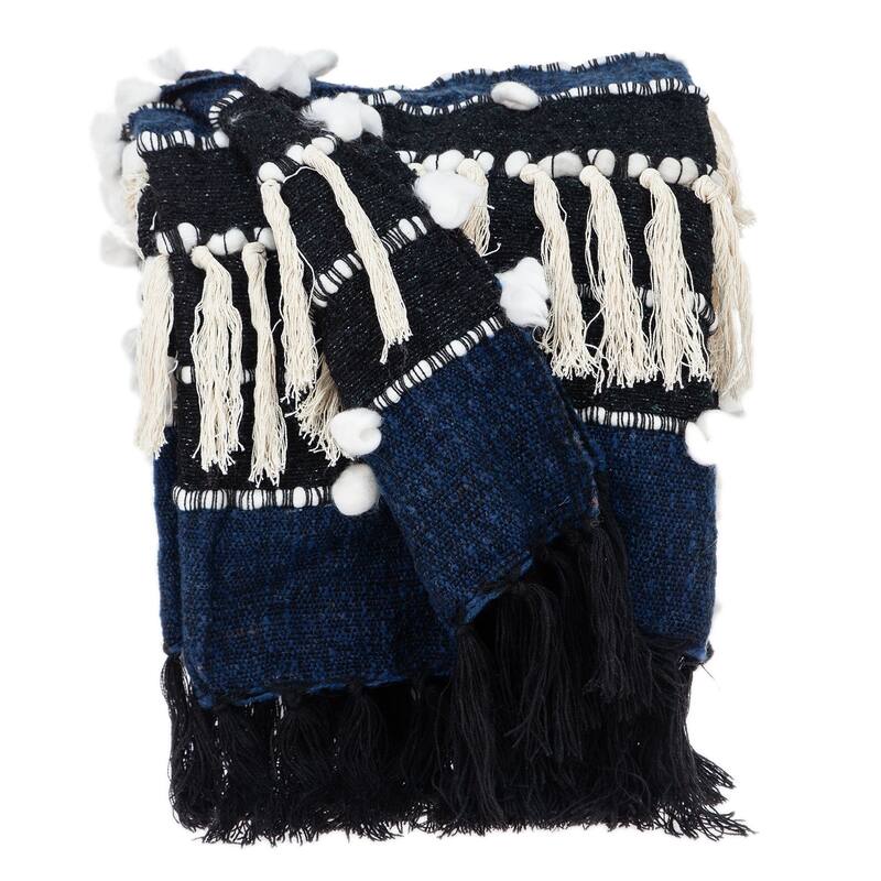 Navy Blue Boho Woven Handloom Throw with Pom Pom - On Sale - Bed Bath ...