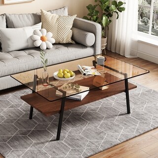 2-tier Rectangle Coffee Table with Metal Legs and Brown Tempered Glass ...