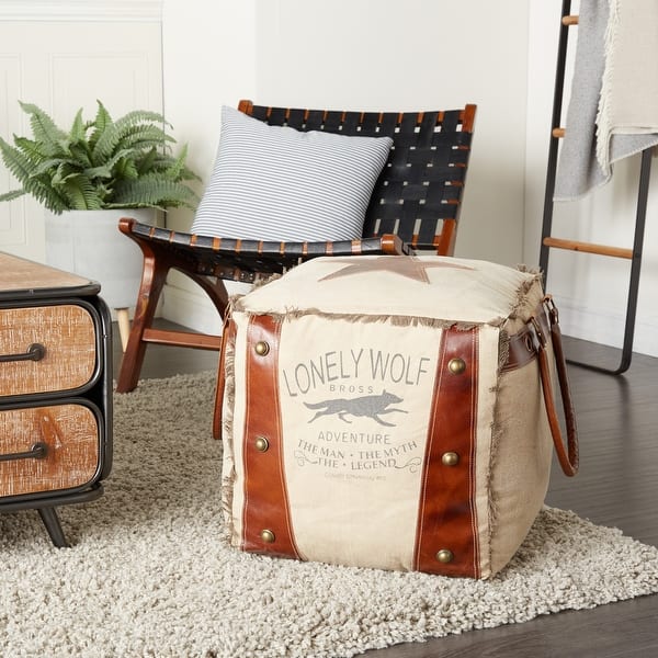White Canvas Pouf with Leather Handles - Bed Bath & Beyond - 38336050
