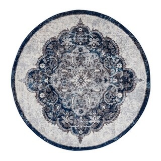 HomeRoots6' Navy Blue Round Medallion Power Loom Area Rug - 6' Round ...