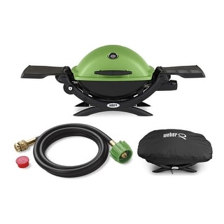 Weber Q 1200 Liquid Propane Grill (Green) w/ Adapter Hose &Grill Cover ...