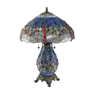 Elegant Tiffany Style Blue and Red Glass Dragonfly Table Lamp with Lit ...