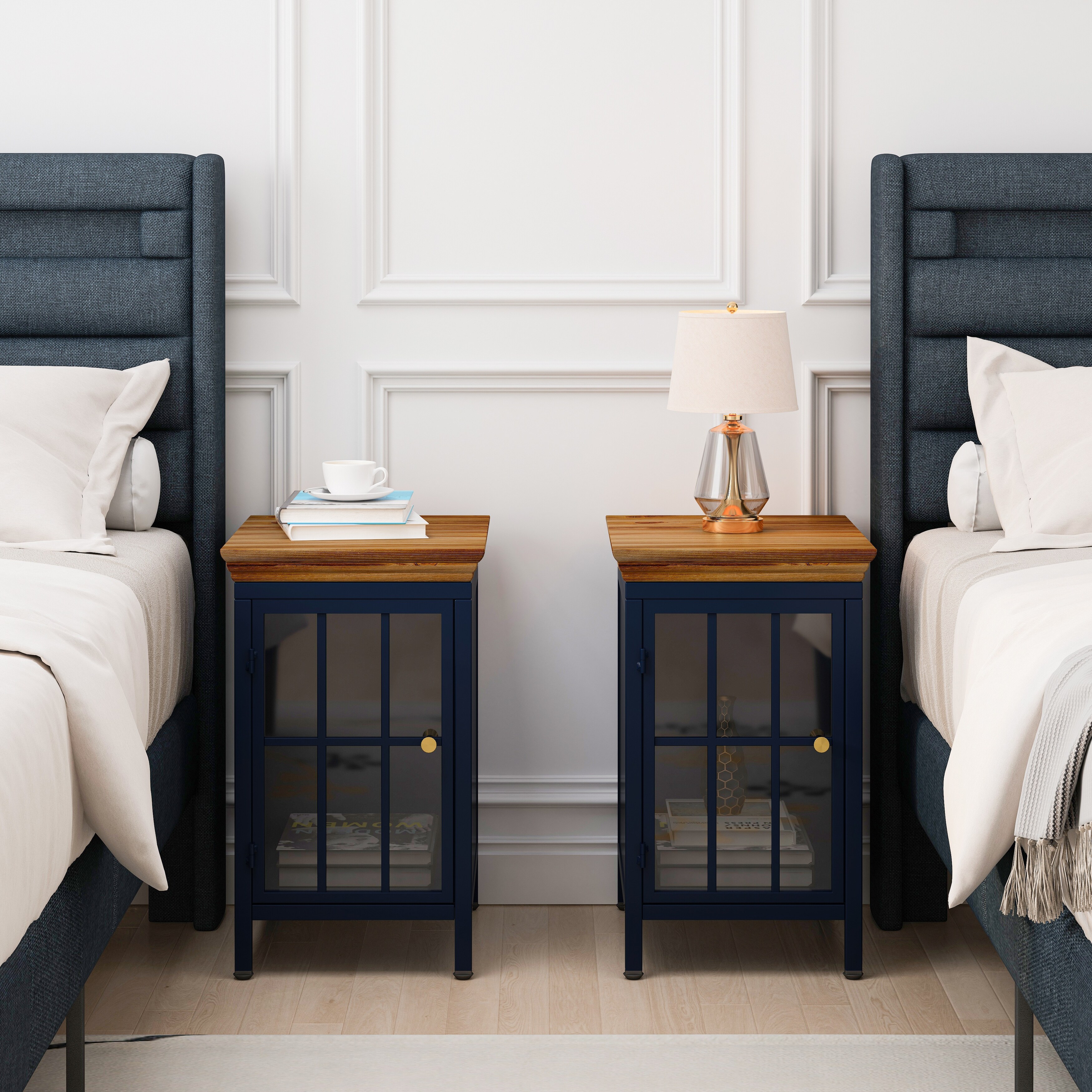 Roomfitters Dark Blue Nightstand Set of 2 with Storage Cabinet Solid Wood Top Bedside Table Sofa Side Coffee Table