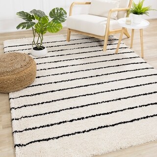Soft Shag Cream Black Straight Lines Area Rug - Bed Bath & Beyond ...