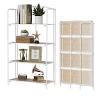 No Assembly Folding Bookshelf, 4 Tier White Bookshelf, Metal Book Shelf ...