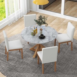 5-Piece Dining Table Set, Marble Sticker Dining Table and 4 Upholstered ...