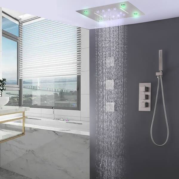 LED 4-Way Complete Rain and Waterfall Shower System with 3 body Jets ...