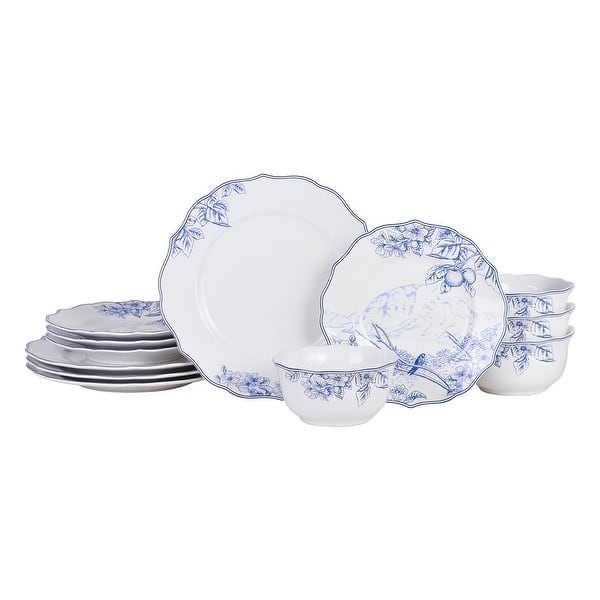 Hudson Valley 12-Piece Traditional Porcelain Blue and White Dinnerware ...