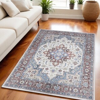 HomeRoots 5' X 7' Ivory Red and Blue Medallion Distressed Non Skid Area ...