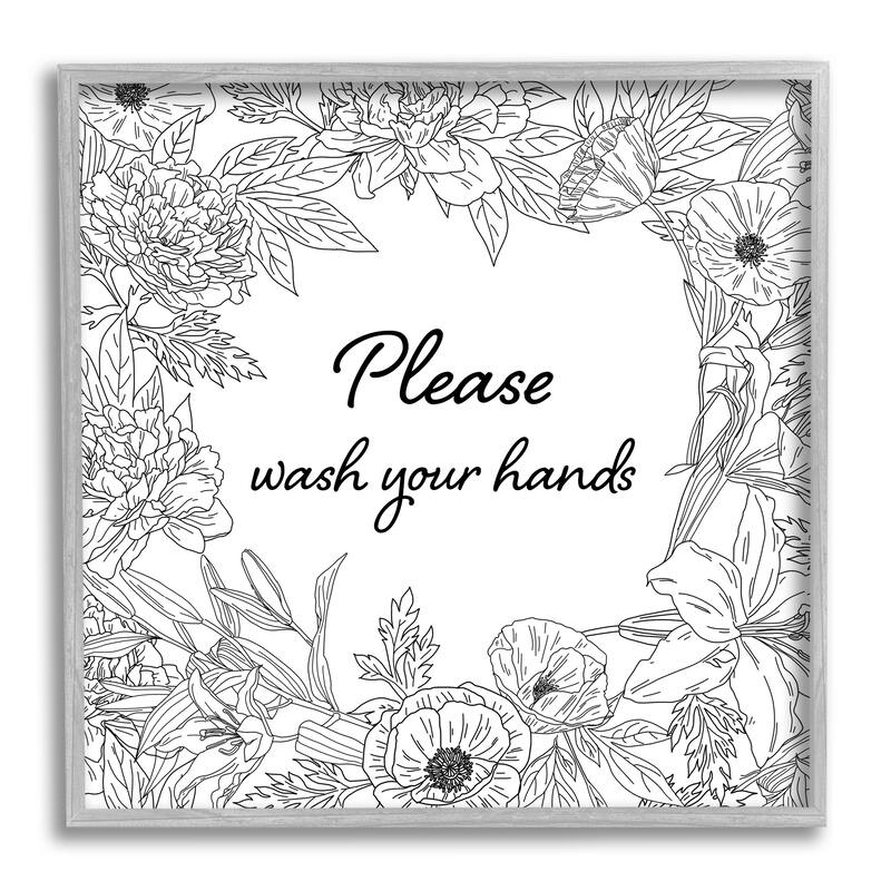 Stupell Wash Your Hands Bathroom Sign Spring Floral Border Framed Wall ...