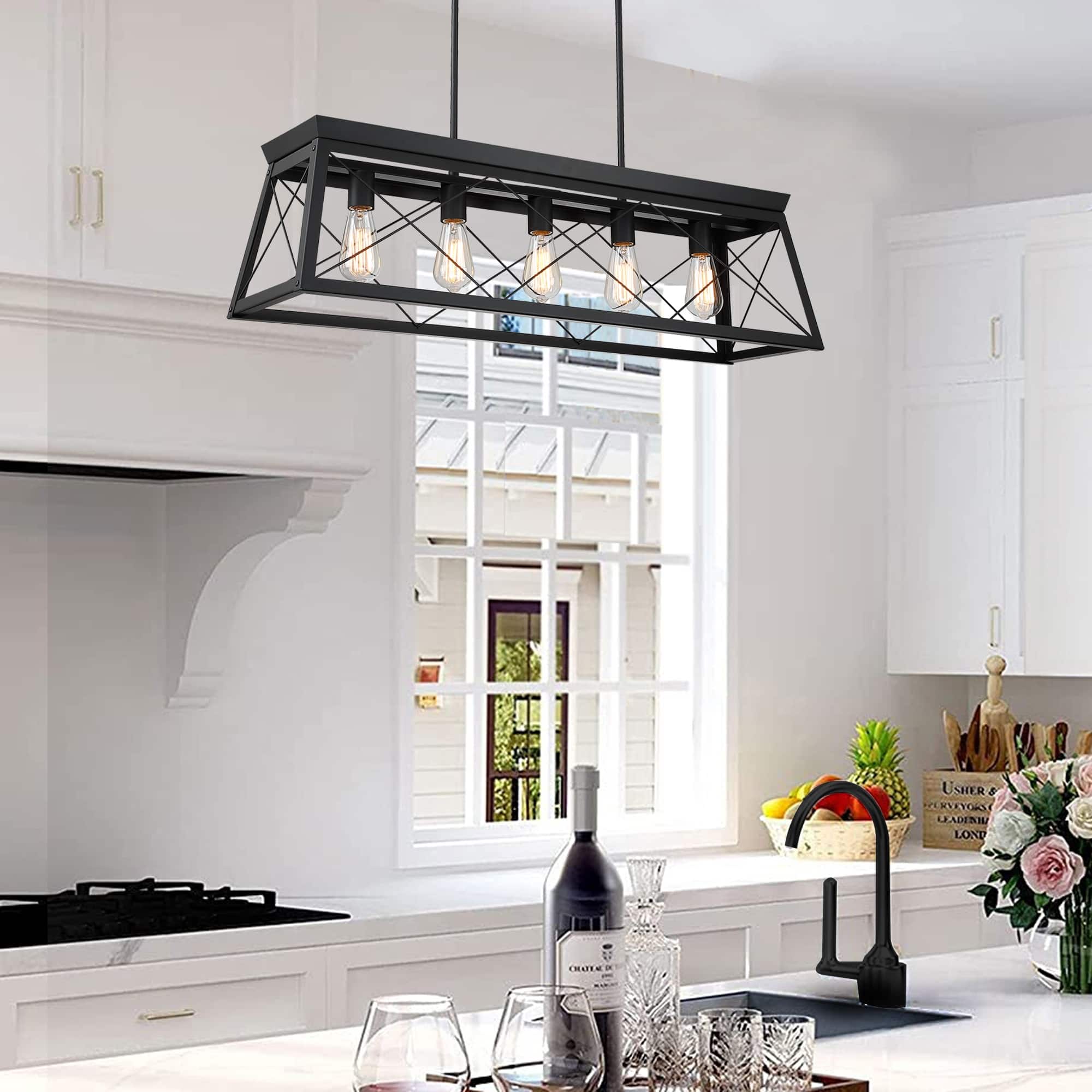 5 - Light Kitchen Island Linear Pendant Chandelier with Matte Black ...