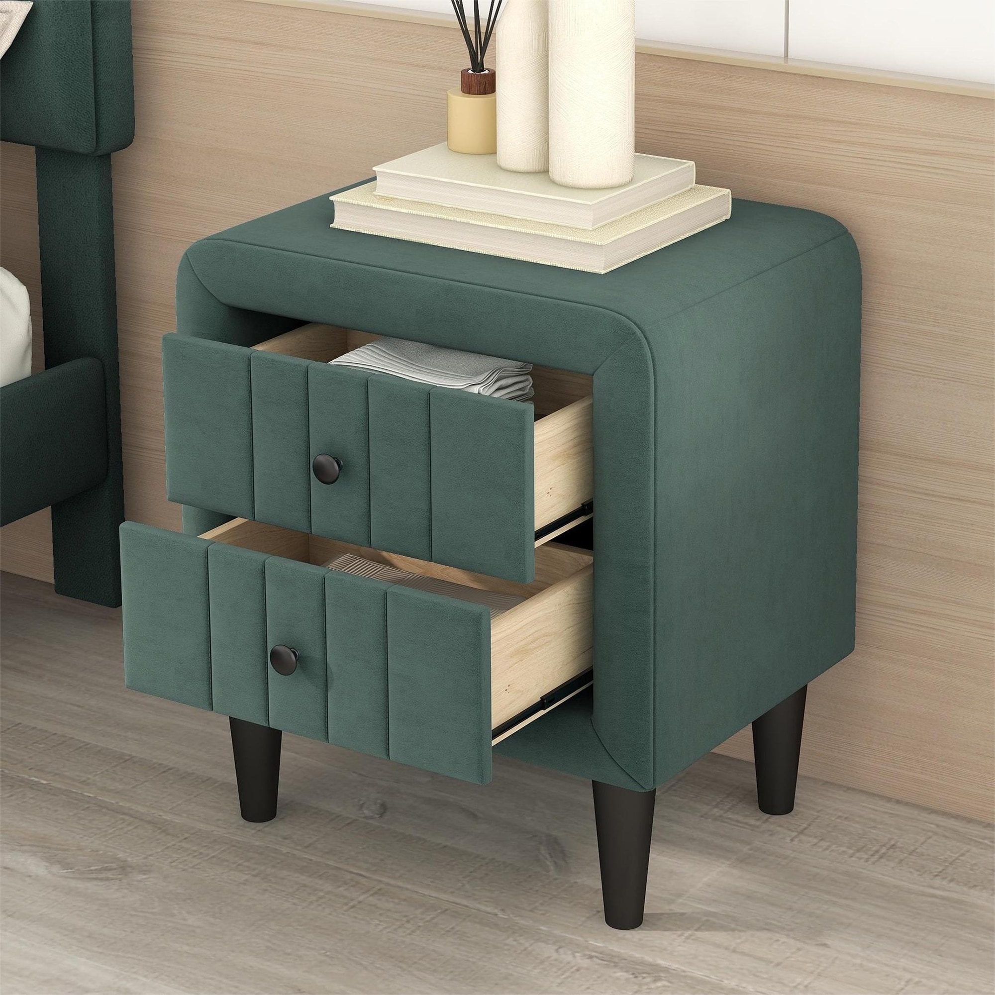 Upholstered Wooden Nightstand with 2 Drawers Fully Assembled Except Legs and Handles Velvet Bedside Table Green Bed Bath Beyond 40340056