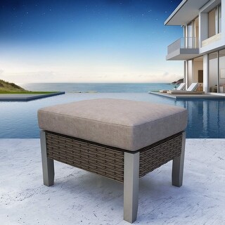 Patio Ottoman Rattan Wicker Footstool with Thick Cushion Metal Foot ...