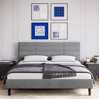 Grey Full Size Bed Frame with Upholstered Headboard and Wooden Slats ...